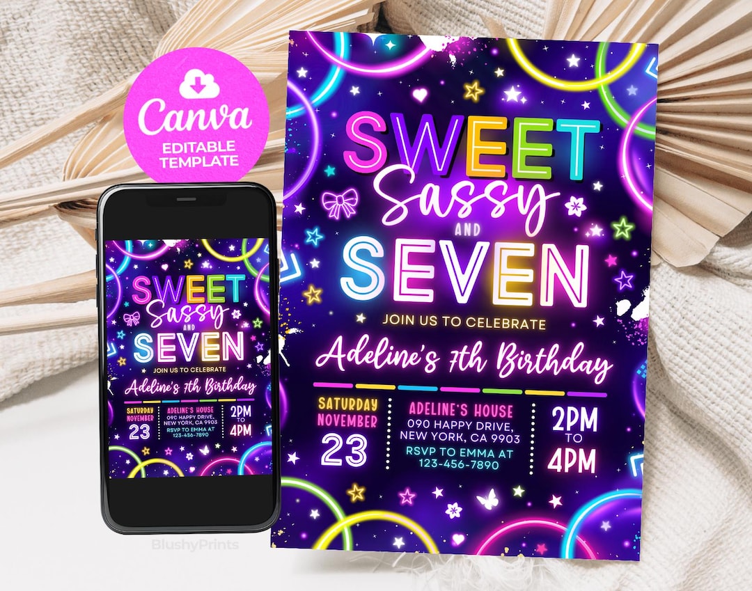 Sweet Sassy and Seven Birthday Invitation, 7th Birthday Invitation ...