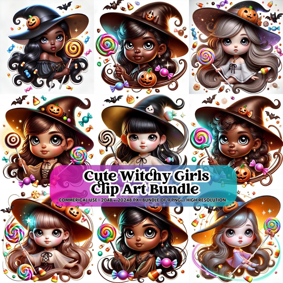 Cute Witchy Girls Clip Art Bundle, Witch Hat, Witch Broom, Witchy Vibes ...
