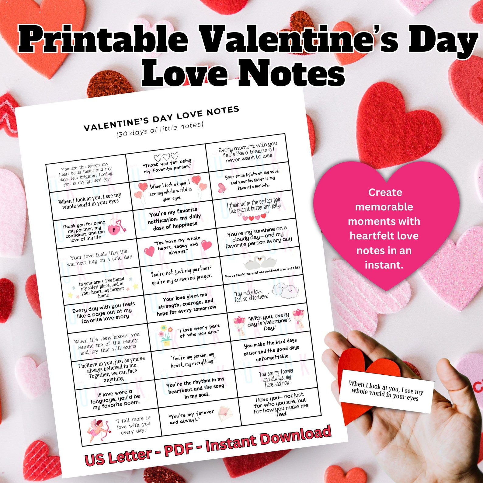 Printable Valentine's Day Love Notes - 30 Romantic Messages - PDF ...