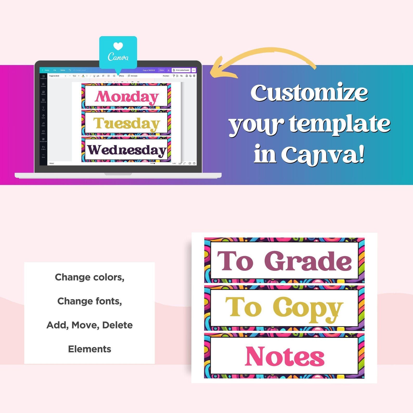 Groovy Rolling Cart Labels for Teachers Editable Canva Template ...