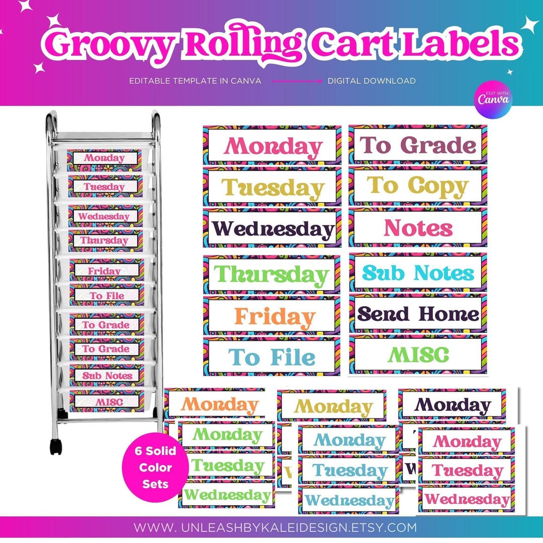Groovy Rolling Cart Labels for Teachers - Editable Canva Template ...