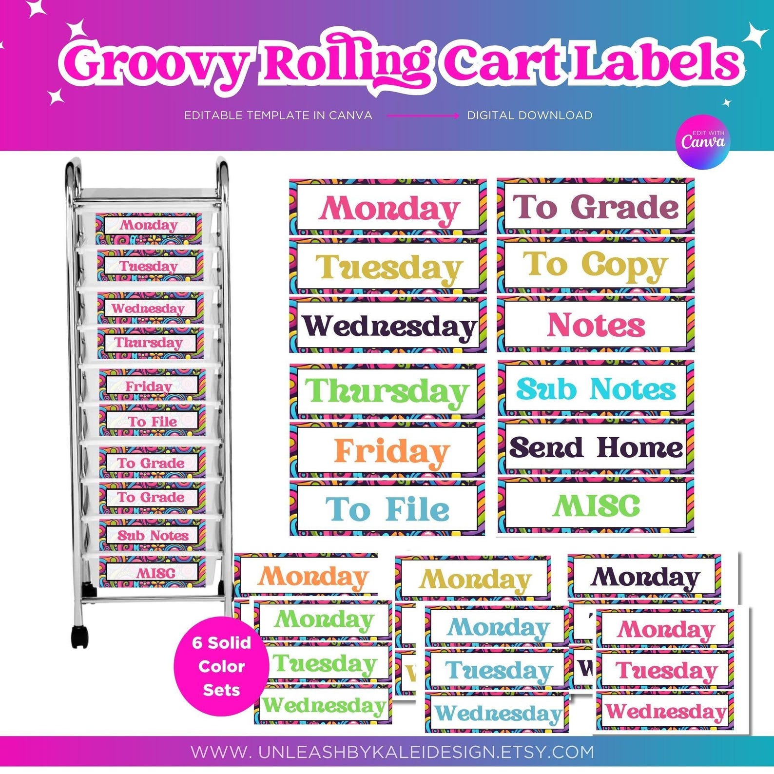Groovy Rolling Cart Labels for Teachers - Editable Canva Template ...
