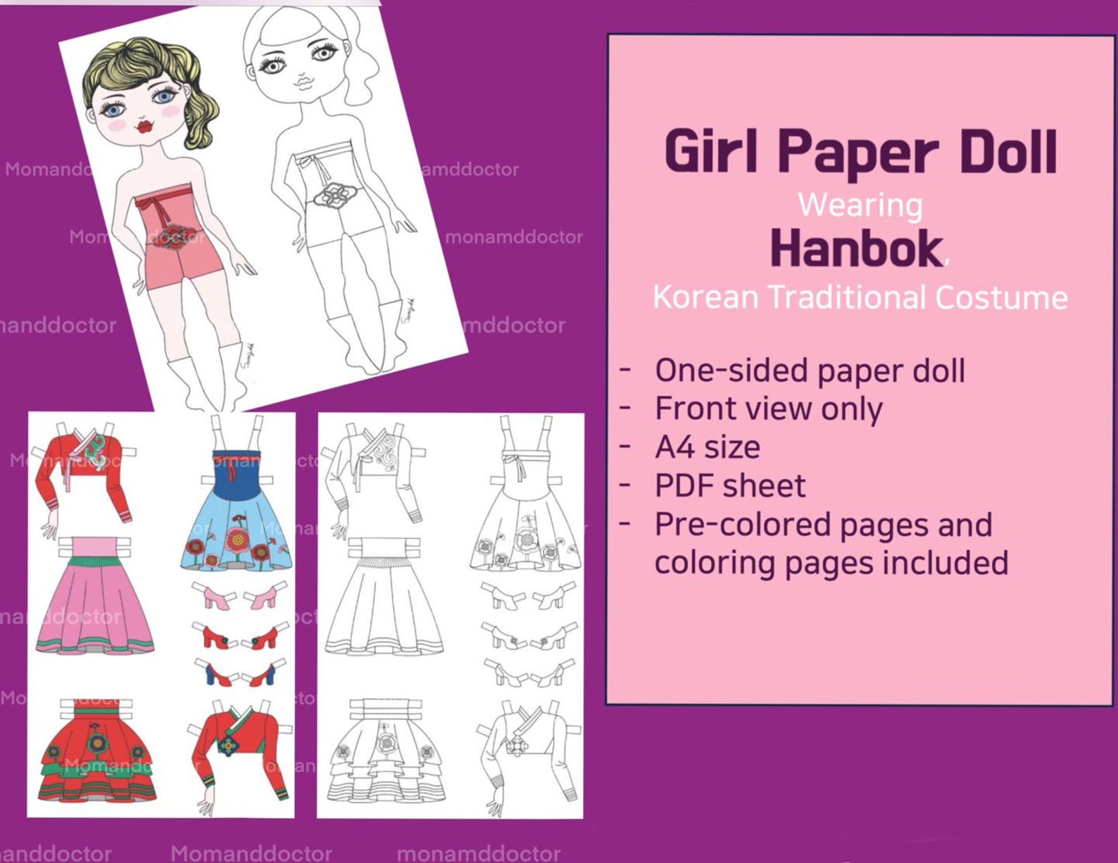 Printable Paper Doll | HANBOK | 001| Hanbok Girl | A4 Size Pdf ...