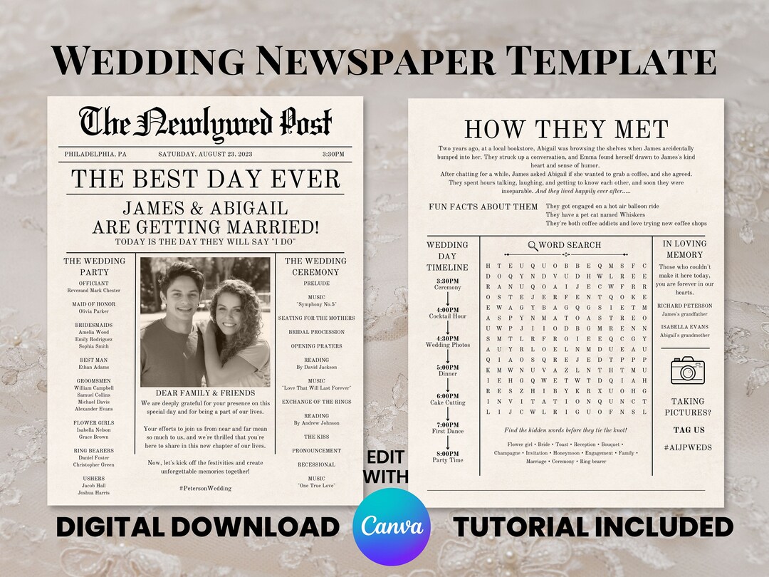 Wedding Newspaper Post | Fun Wedding Program Idea | Edit on Canva ...