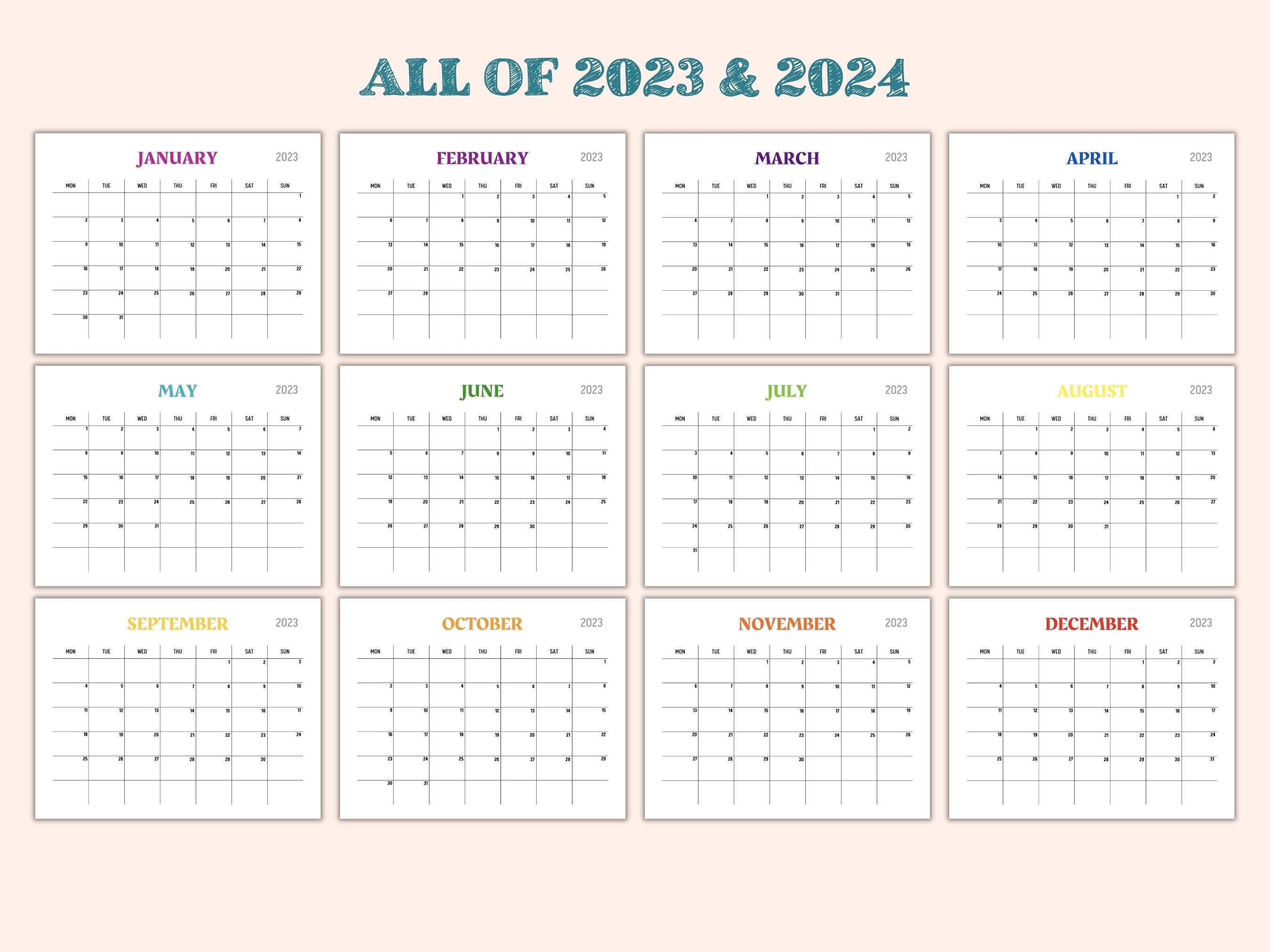 2023 2024 Calendar Bundle | Printable Editable Landscape Monthly ...
