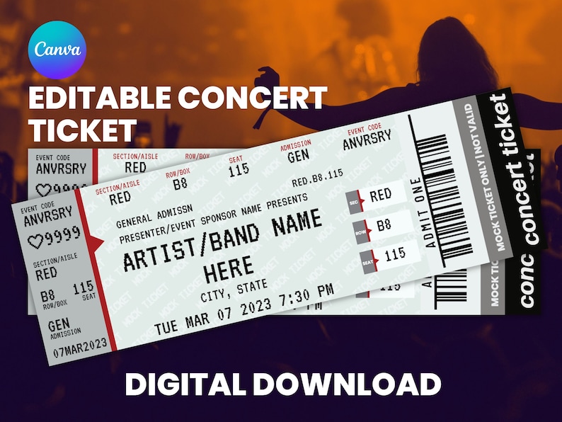 Concert Ticket Template Gift Certificate Personalized Event - Etsy