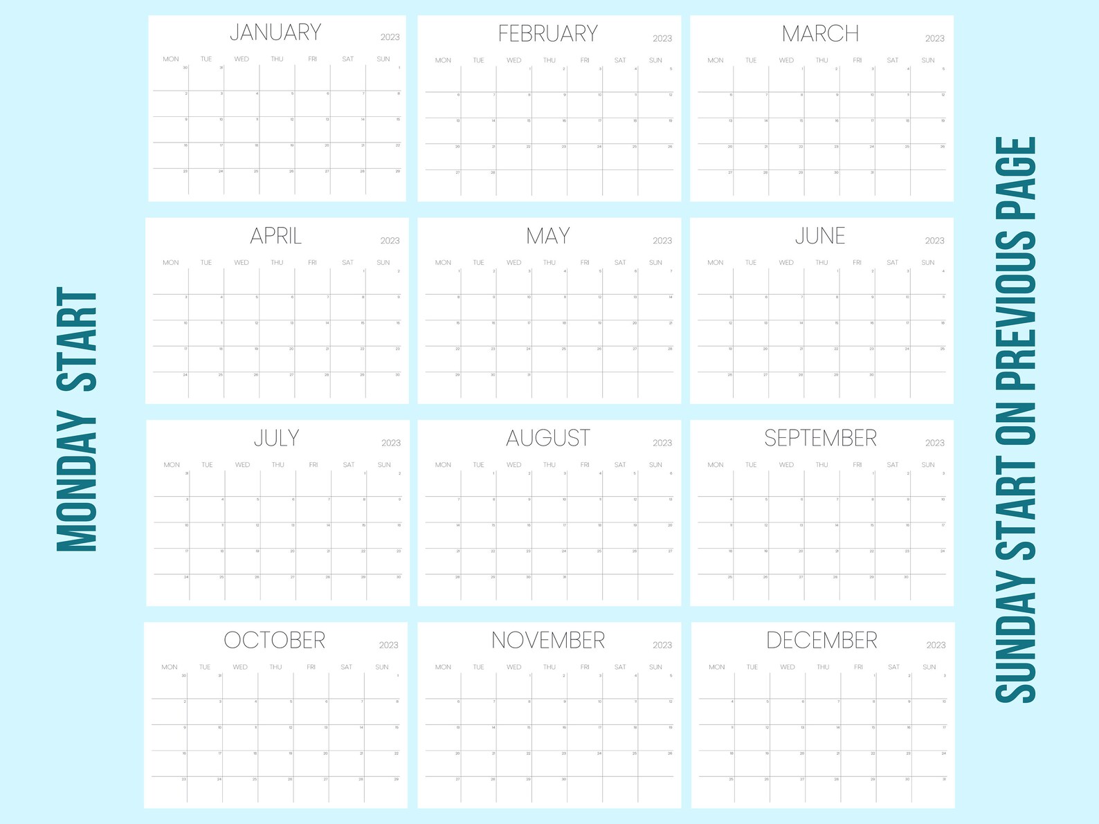 Calendar 2023 Big Wall Printable Calendar Template Monthly - Etsy