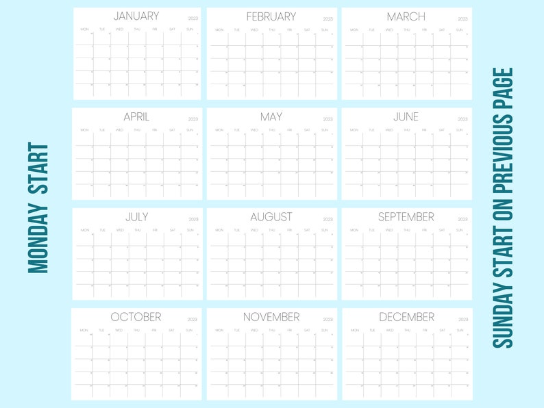 Calendar 2023 Big Wall Printable Calendar Template Monthly - Etsy
