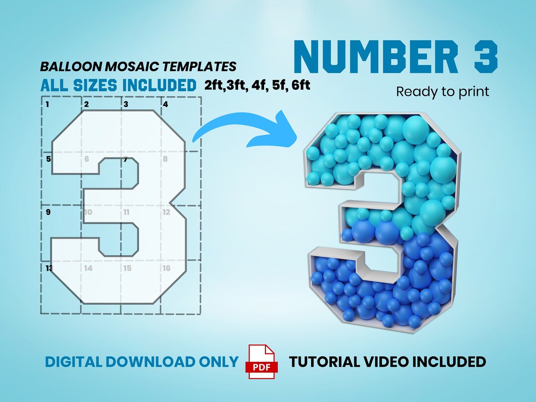 Number 3 BLOCK Font, Balloon Mosaic Template, Mosaic Number Template ...