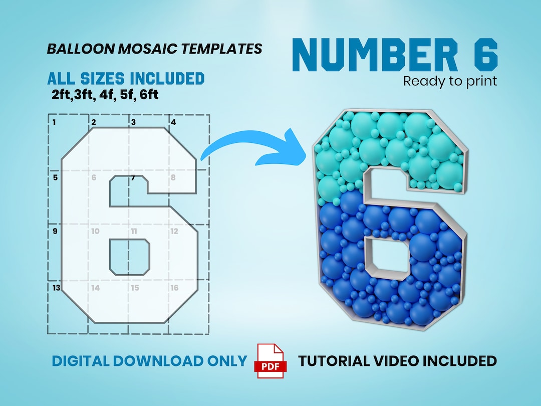 Number 6 BLOCK Font, Balloon Mosaic Template, Mosaic Number Template ...