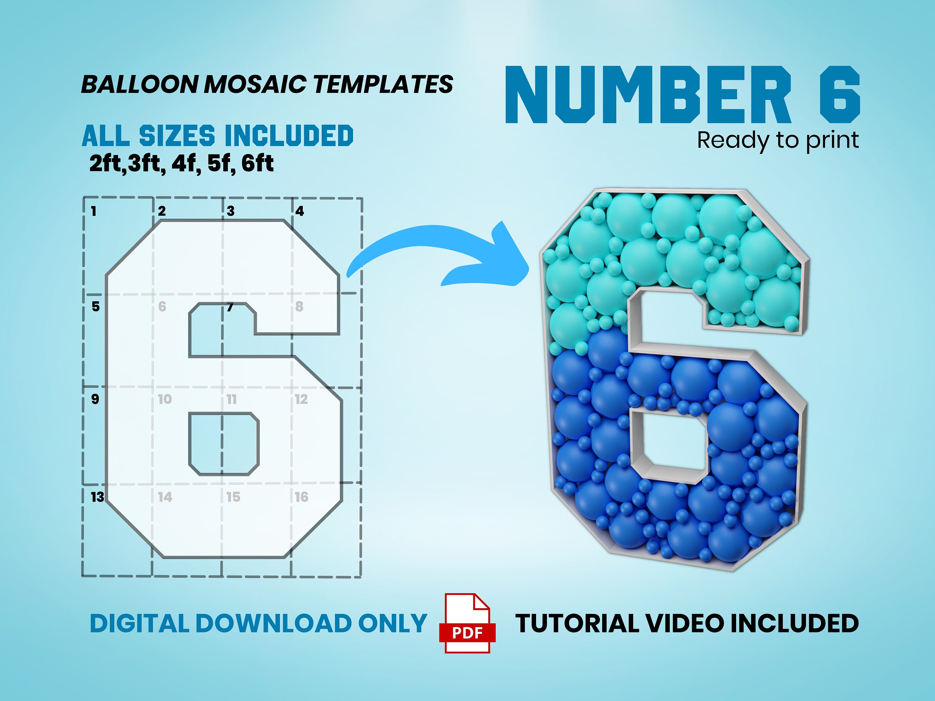 Number 6 BLOCK Font, Balloon Mosaic Template, Mosaic Number Template ...