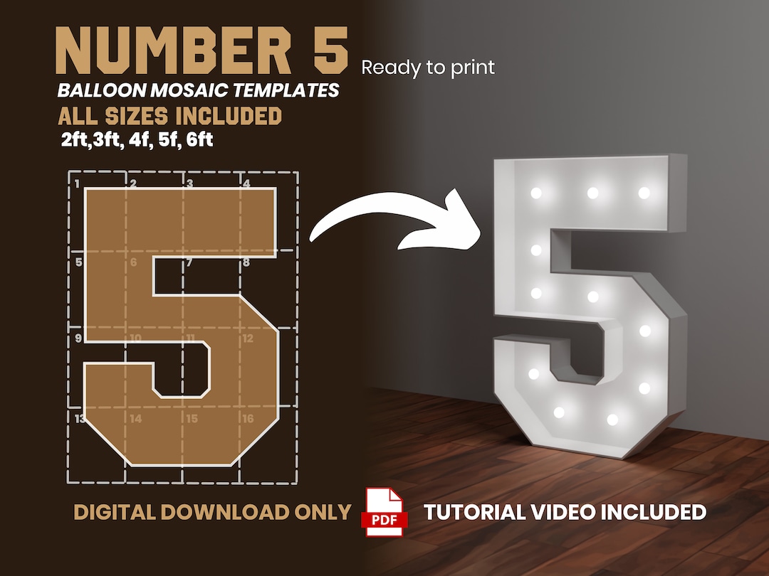 Number 5 BLOCK Font, Balloon Mosaic Template, Mosaic Number Template ...