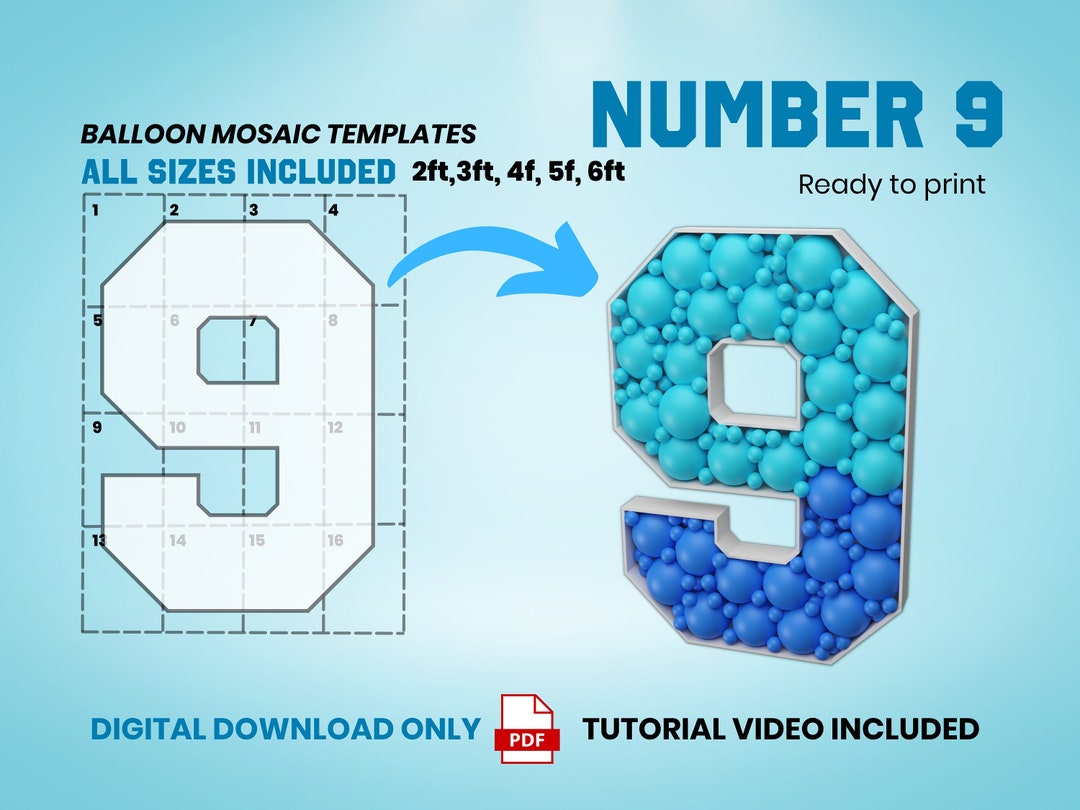 Number 9 BLOCK Font, Balloon Mosaic Template, Mosaic Number Template ...
