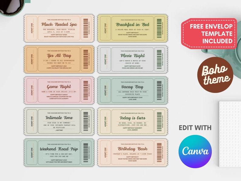Editable Birthday Voucher Template Bundle Boho Surprise - Etsy UK