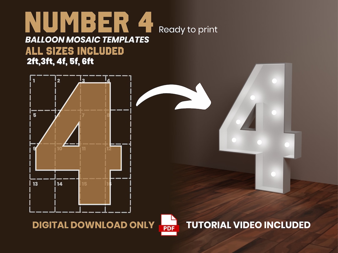 Number 4 BLOCK Font, Balloon Mosaic Template, Mosaic Number Template ...