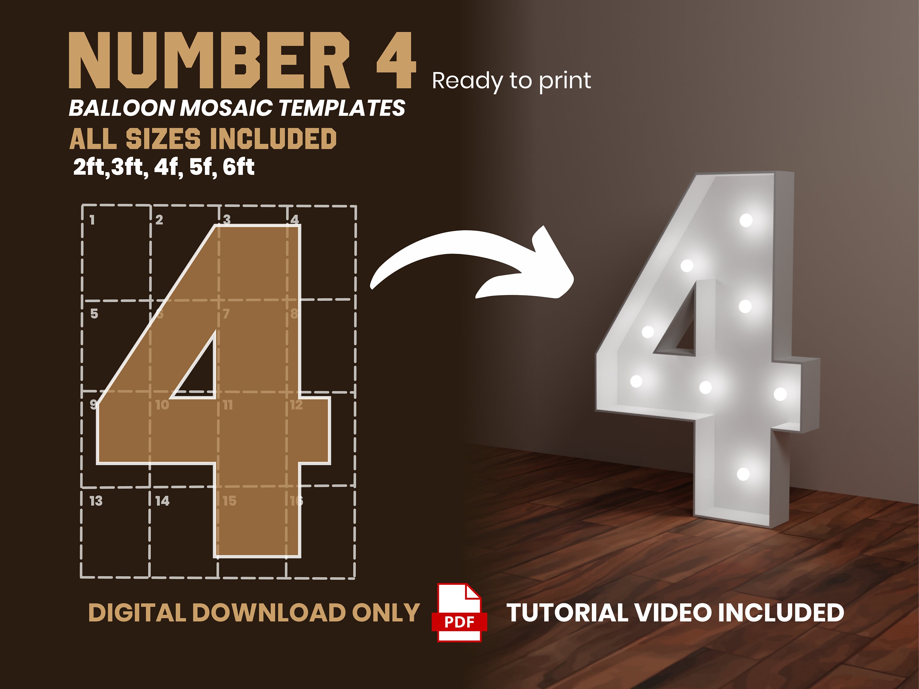 Number 4 BLOCK Font, Balloon Mosaic Template, Mosaic Number Template ...