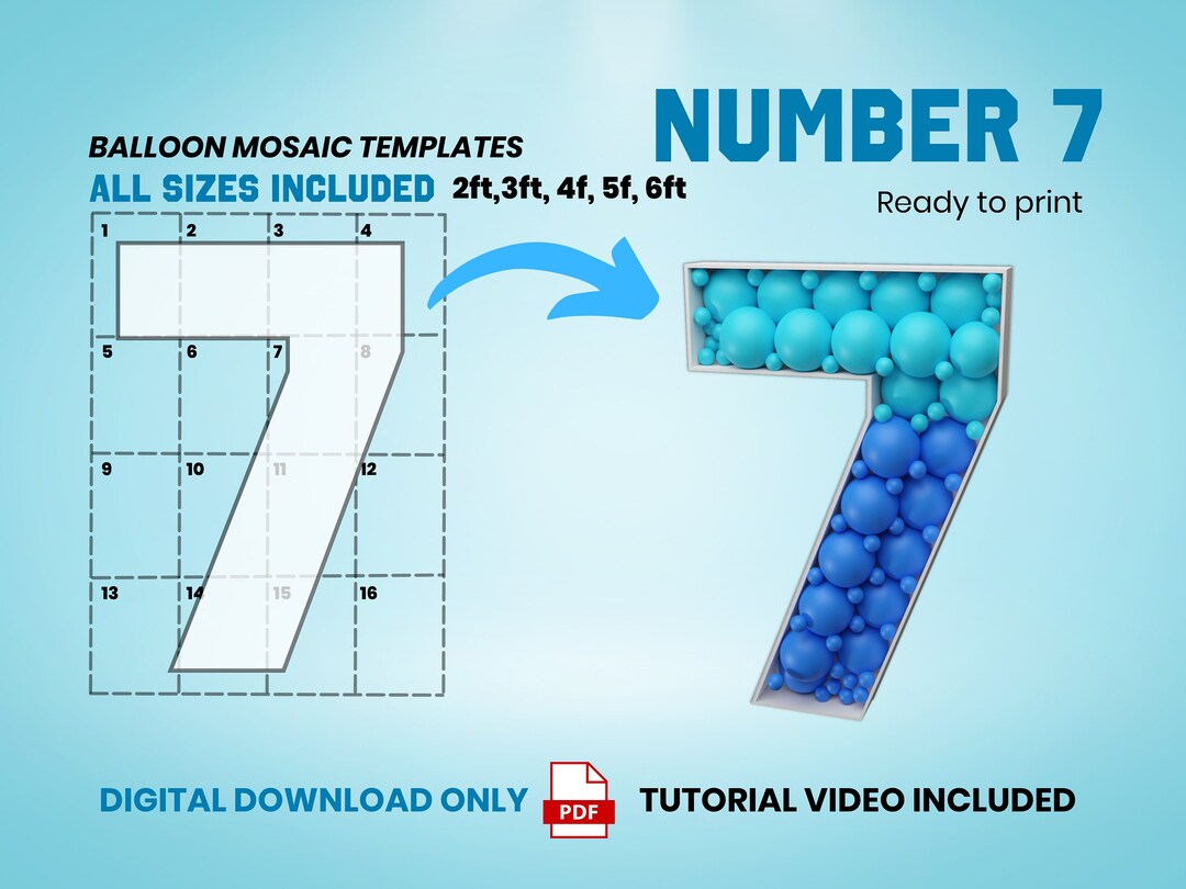 Number 7 BLOCK Font, Balloon Mosaic Template, Mosaic Number Template ...