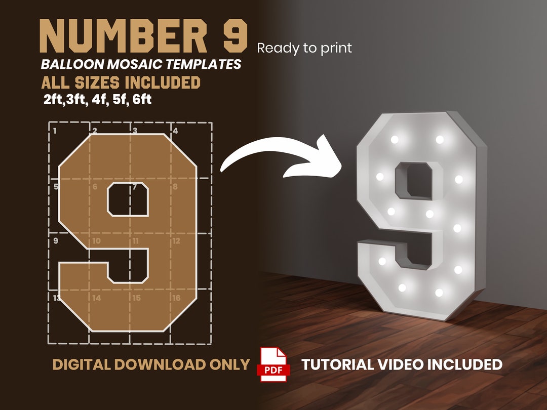 Number 9 BLOCK Font, Balloon Mosaic Template, Mosaic Number Template ...