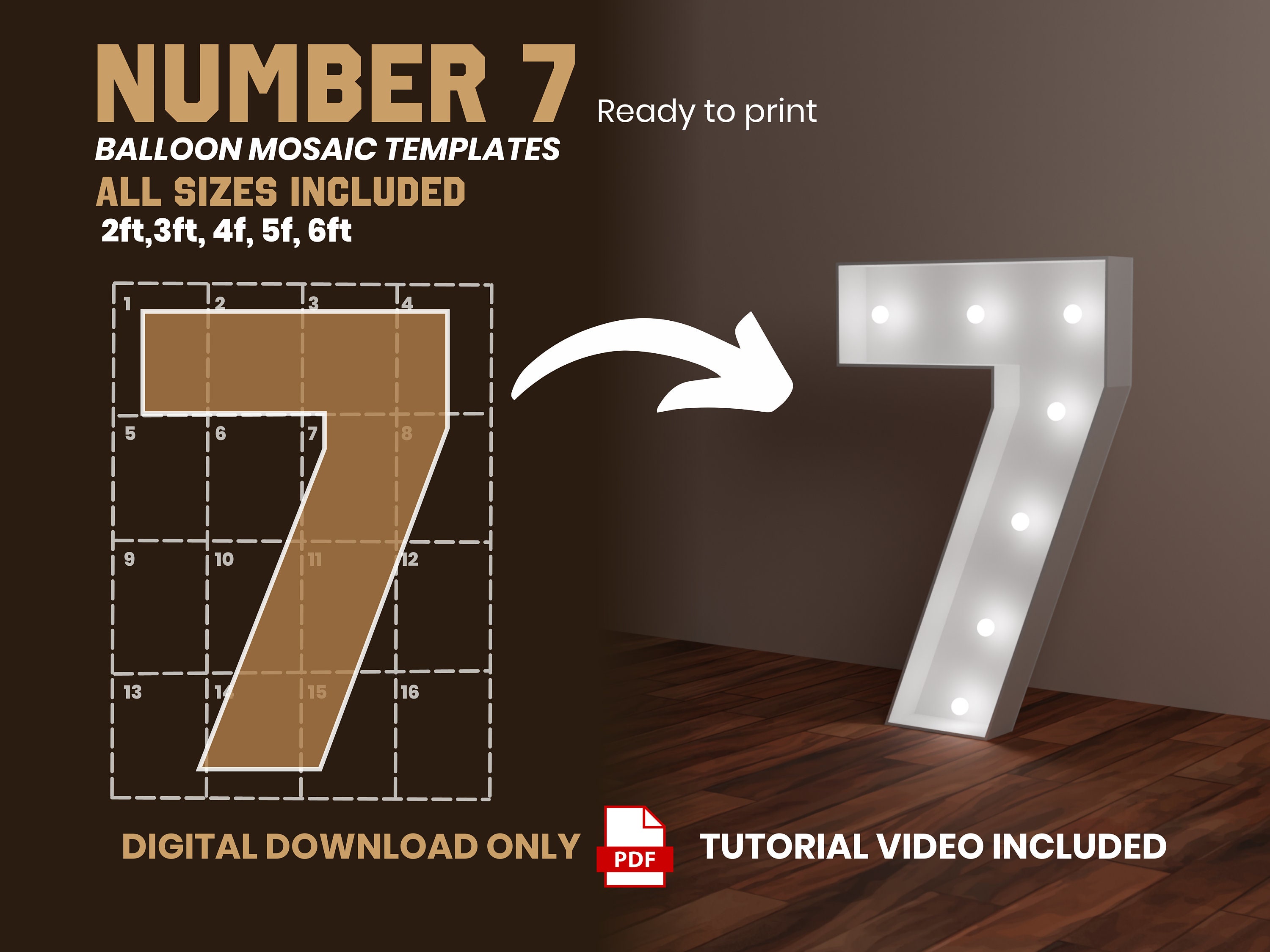 Number 7 BLOCK Font, Balloon Mosaic Template, Mosaic Number Template ...