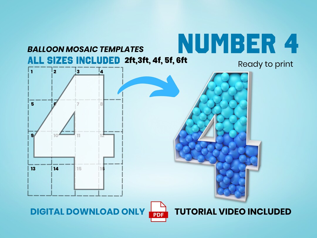 Number 4 BLOCK Font, Balloon Mosaic Template, Mosaic Number Template ...