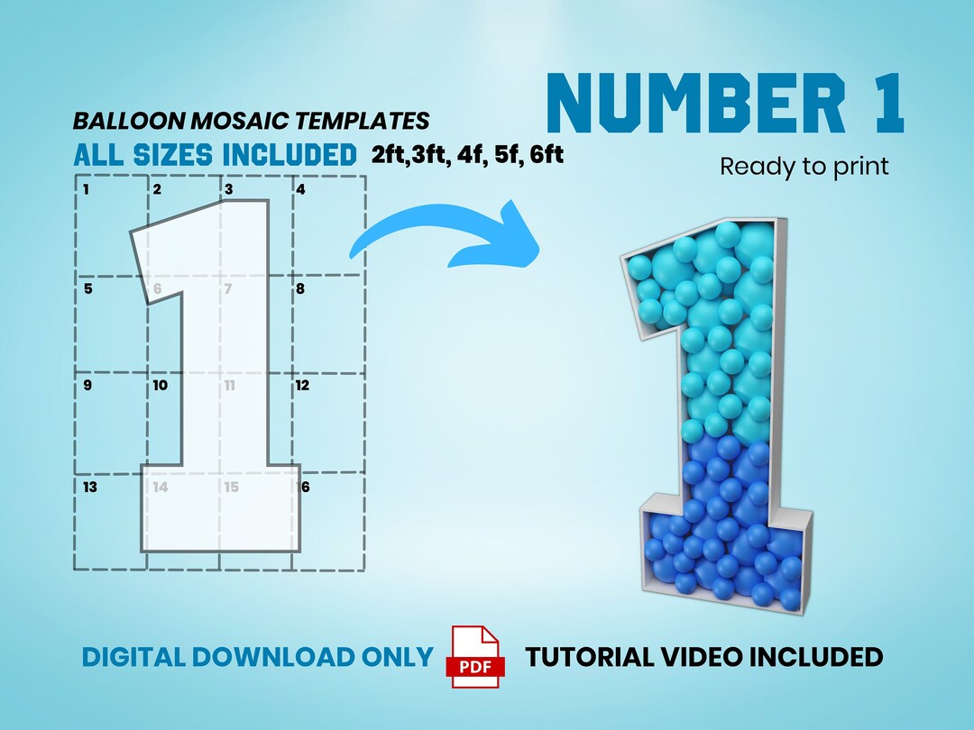 Number 1 BLOCK Font, Balloon Mosaic Template, Mosaic Number Template ...