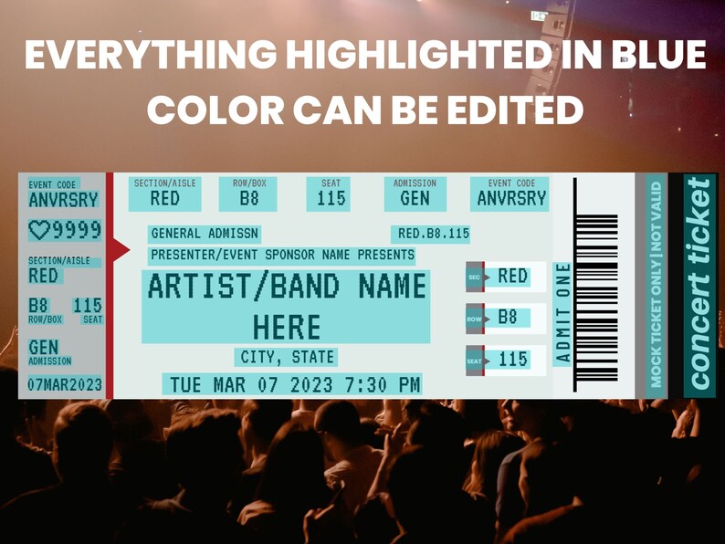 Concert Ticket Template Gift Certificate Personalized Event - Etsy