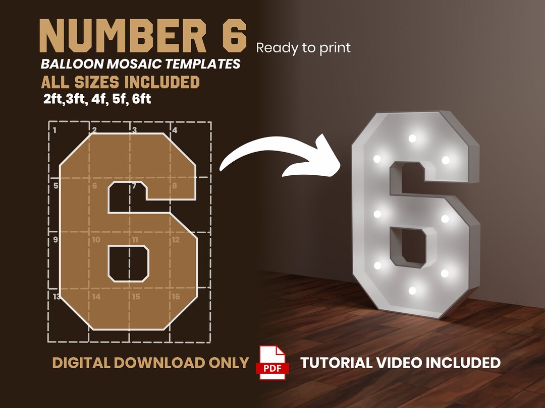 Number 6 BLOCK Font, Balloon Mosaic Template, Mosaic Number Template ...