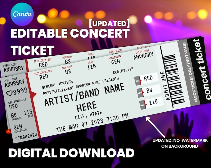 Concert Ticket Canva Editable Template, Ticketmaster Design, Surprise ...