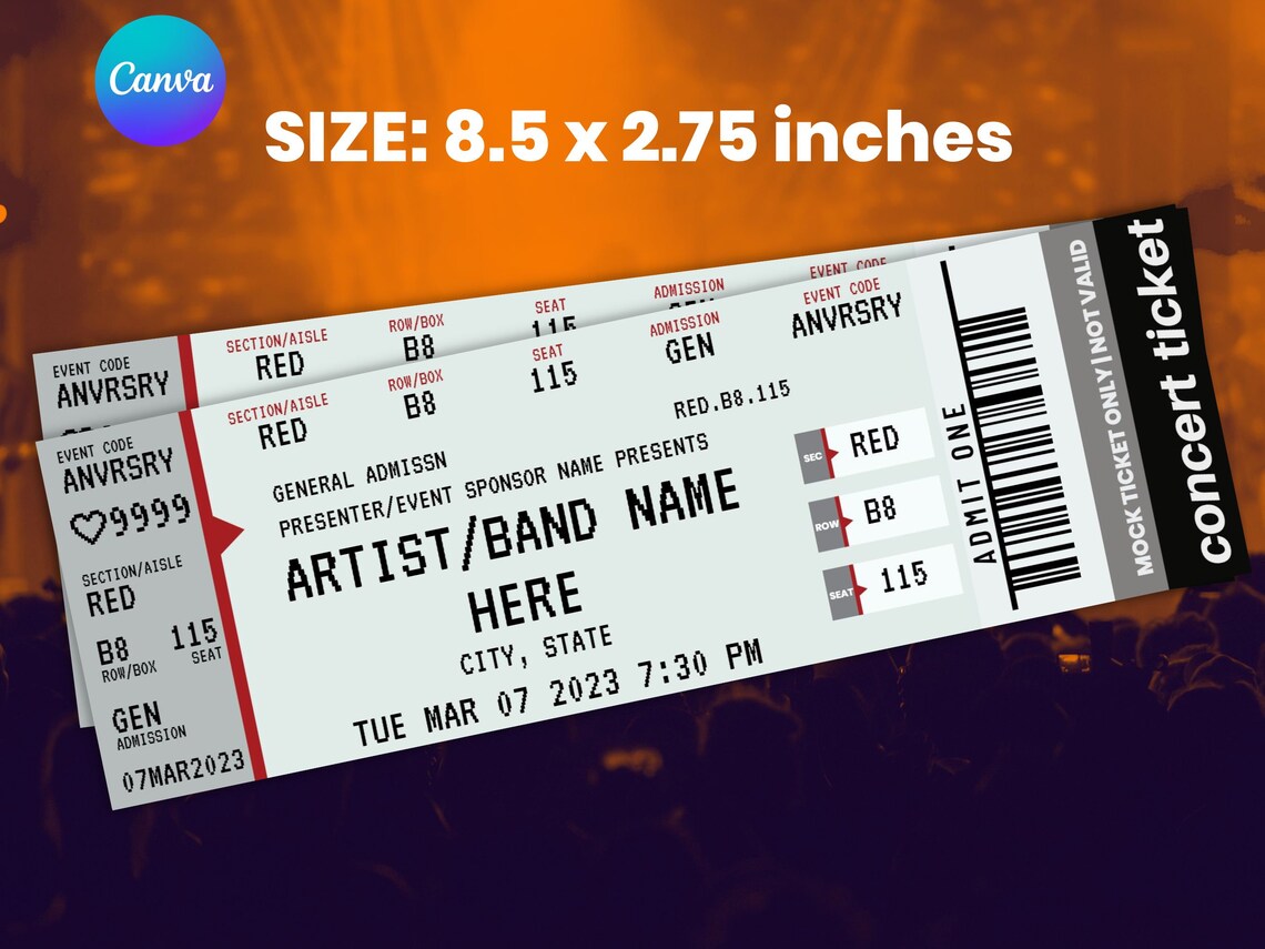 Concert Ticket Template Gift Certificate Personalized Event - Etsy