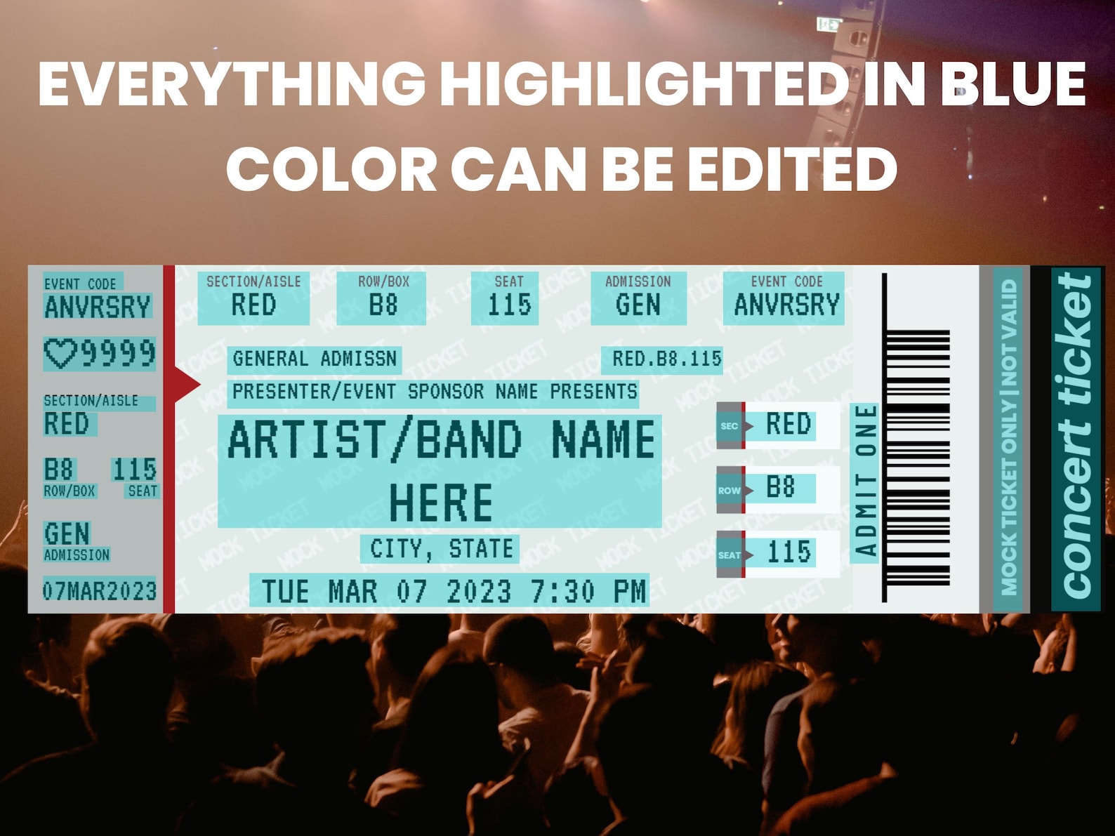 Concert Ticket Template Gift Certificate Personalized Event - Etsy