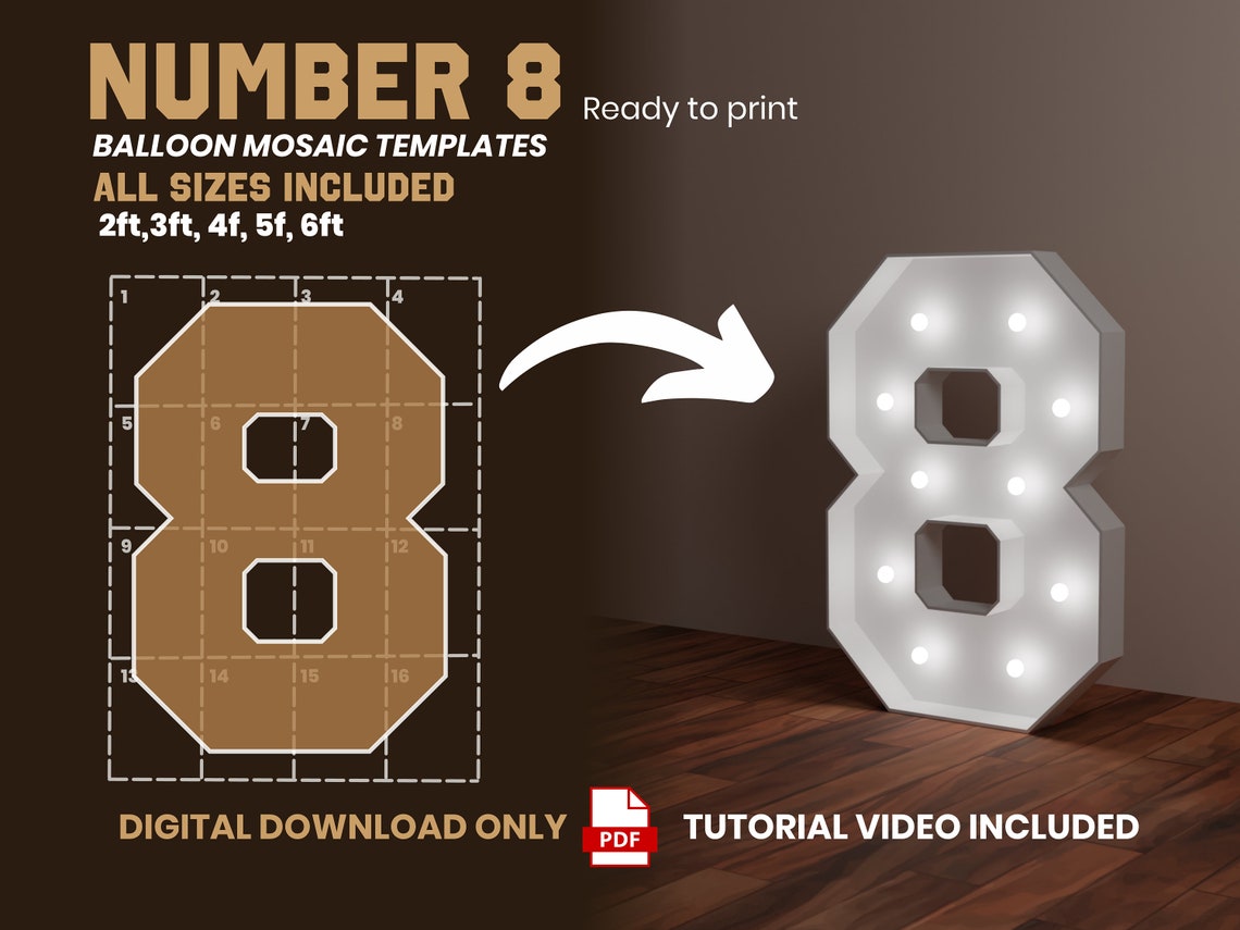 Number 8 BLOCK Font, Balloon Mosaic Template, Mosaic Number Template ...