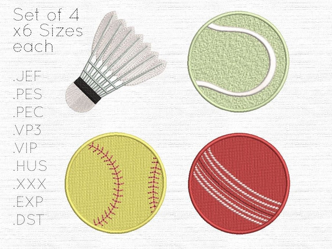 Cricket Set of 4 x 6 Sizes Tennis Badminton Softball Digital Embroidery ...
