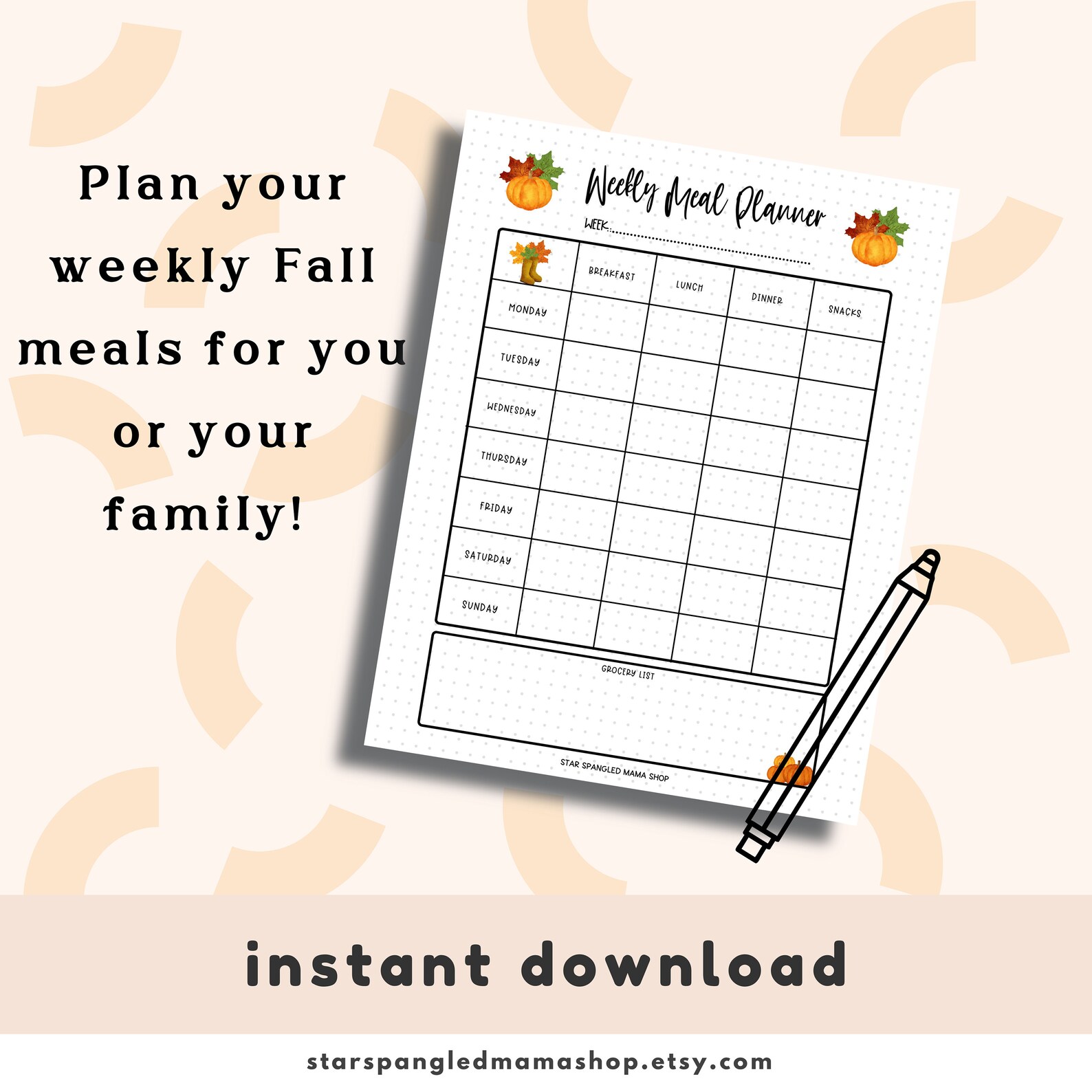Printable Fall Weekly Meal Planner, Blank Autumn Weekly Meal Planner ...