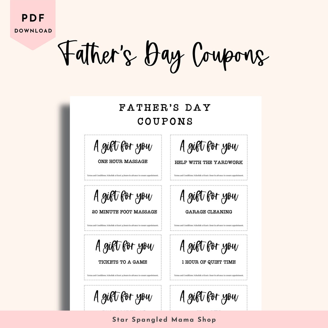 Father's Day Coupons, Printable Coupon, Instant Download, Dad Day ...