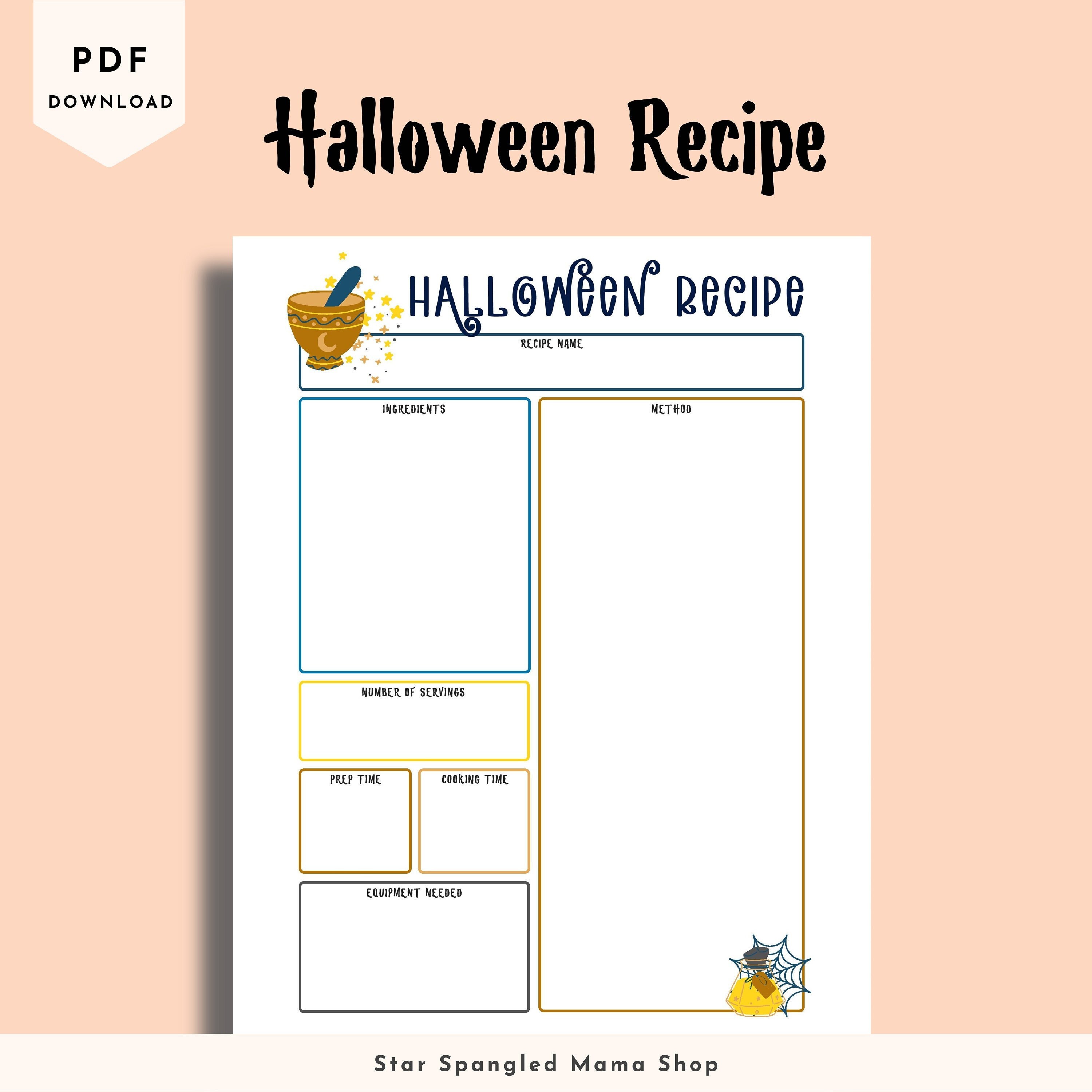 Printable Halloween Recipe Sheet, Blank Recipe Card, Printable Recipe ...