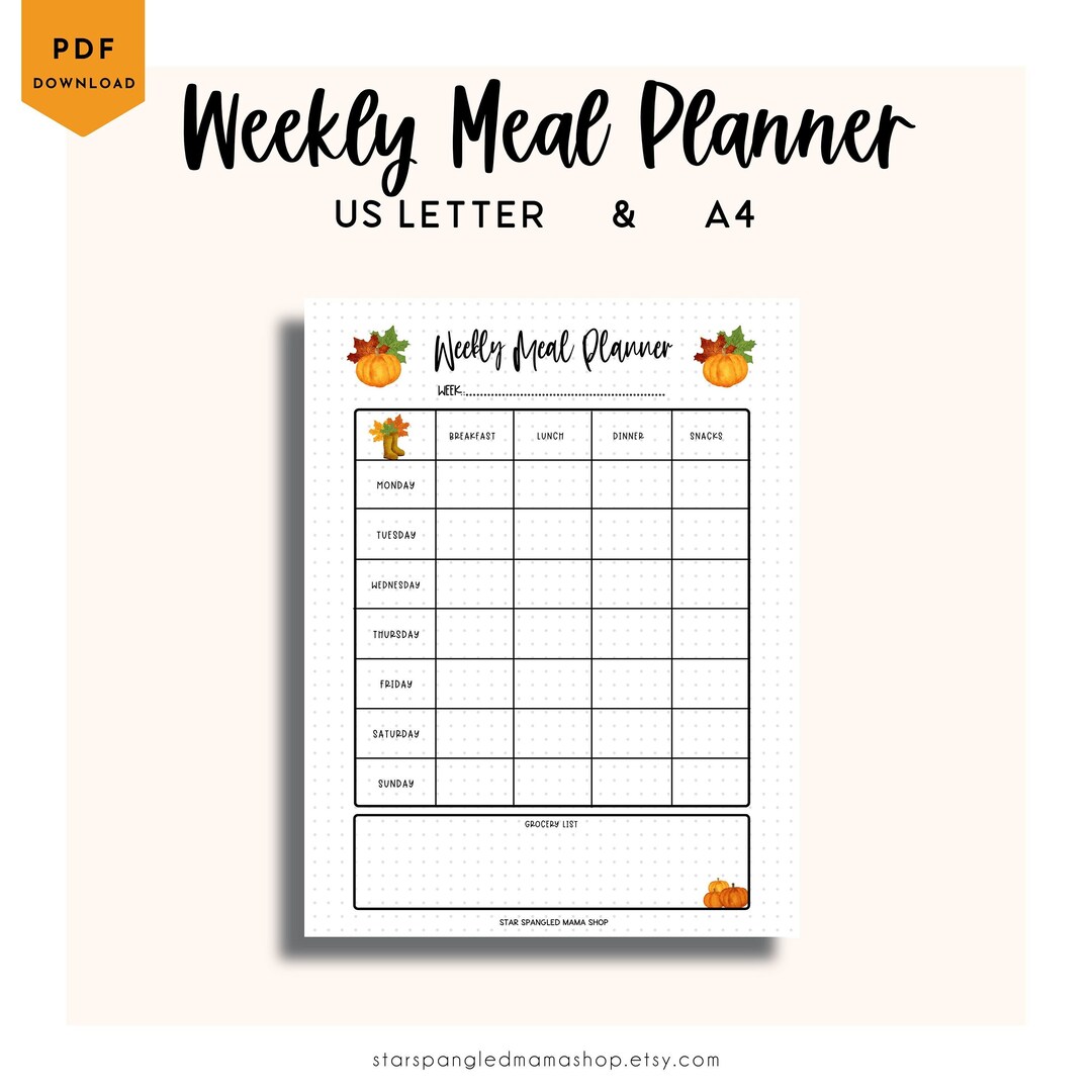 Printable Fall Weekly Meal Planner, Blank Autumn Weekly Meal Planner ...