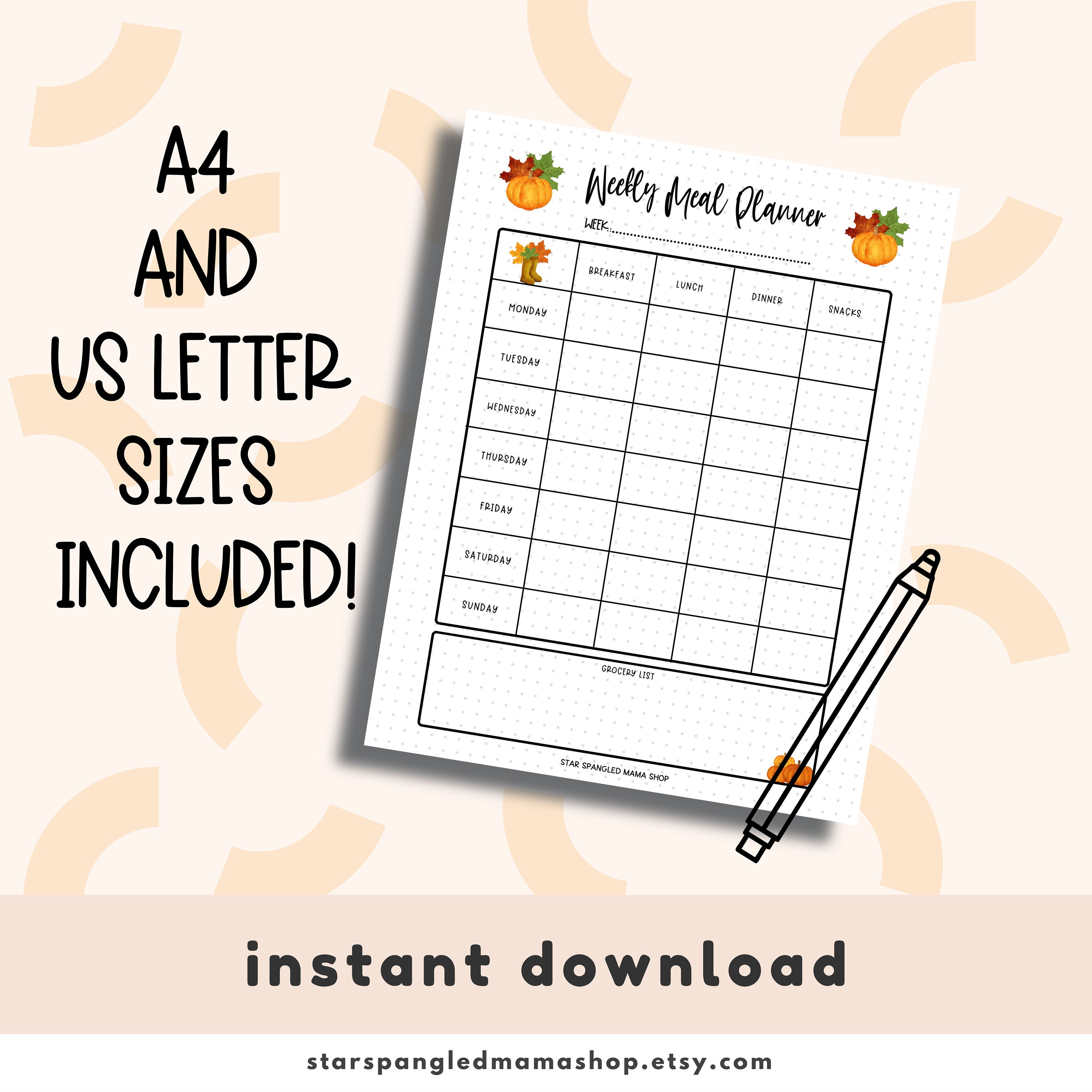 Printable Fall Weekly Meal Planner, Blank Autumn Weekly Meal Planner ...