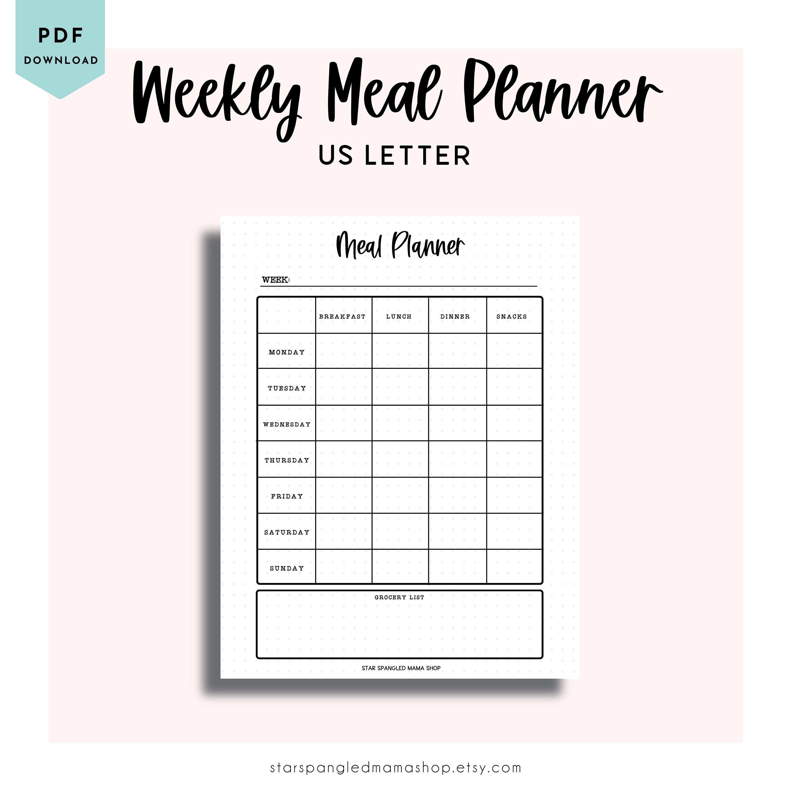 Printable Weekly Meal Planner, Blank Weekly Meal Planner, US Letter ...