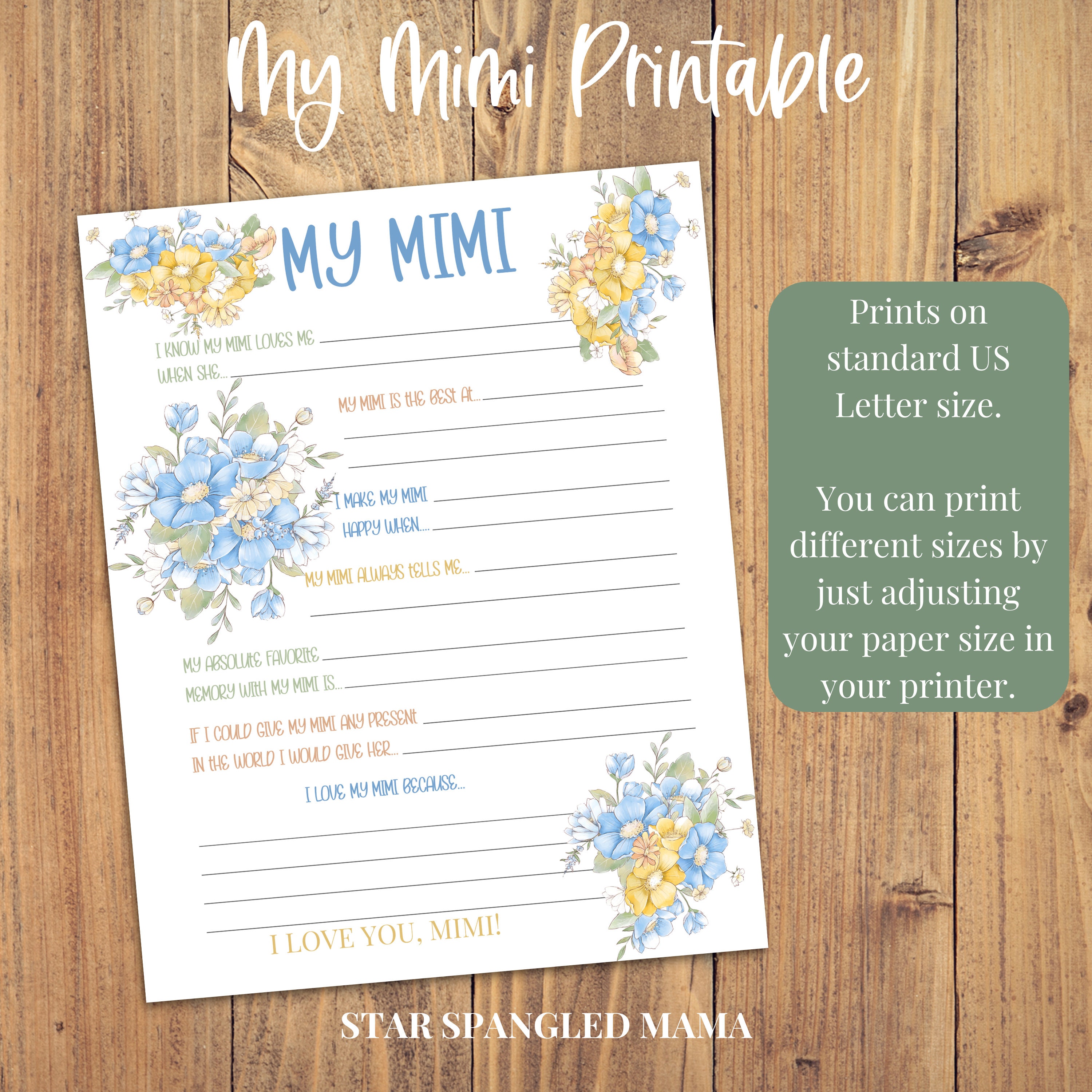 My Mimi Printable Gift: Blue Floral Fill-in Questions (digital Download ...