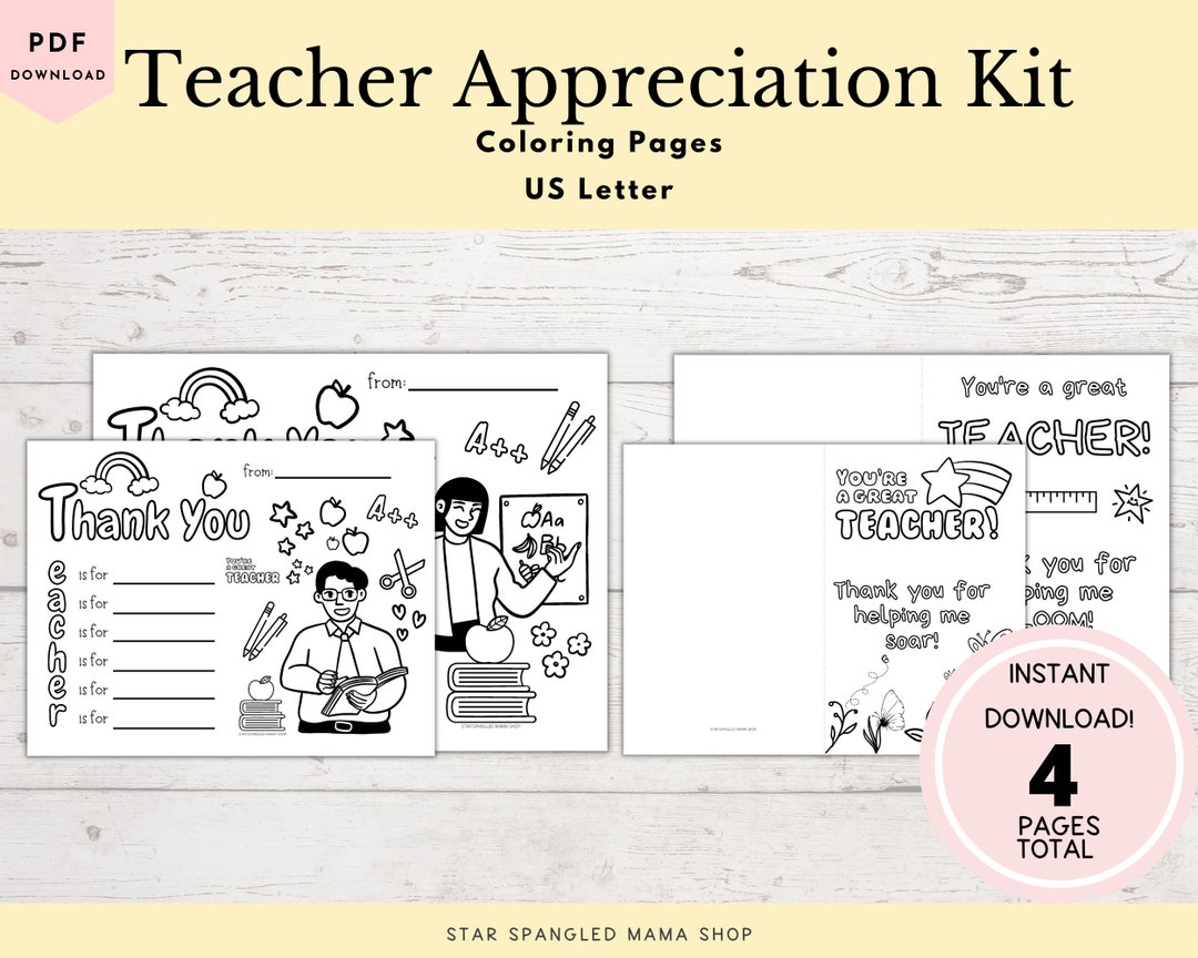 Teacher Appreciation Card Kit, Student Teacher Gift, Teacher Coloring ...