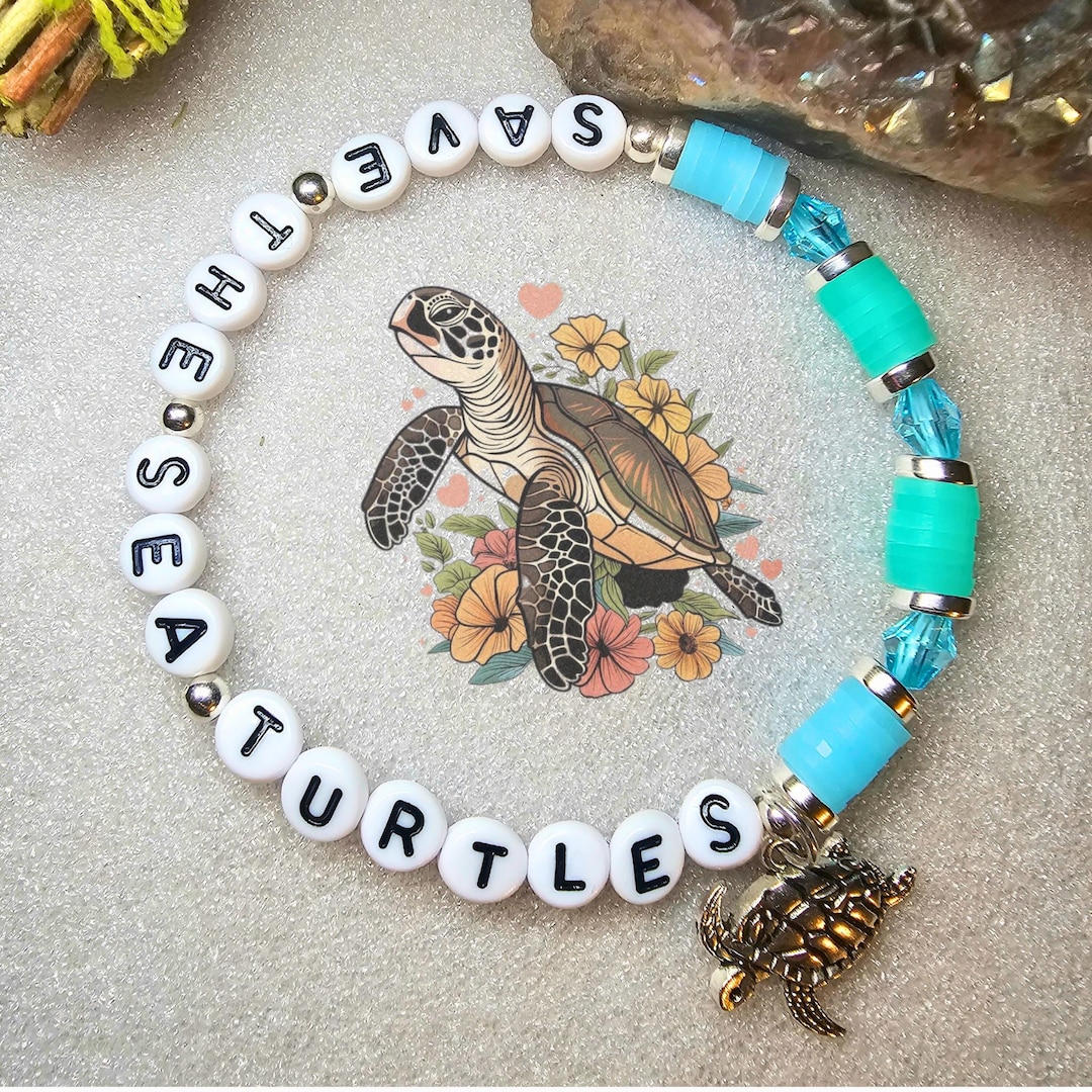 Save the Sea Turtles Beaded Word Bracelet for Women Handmade Heishi ...