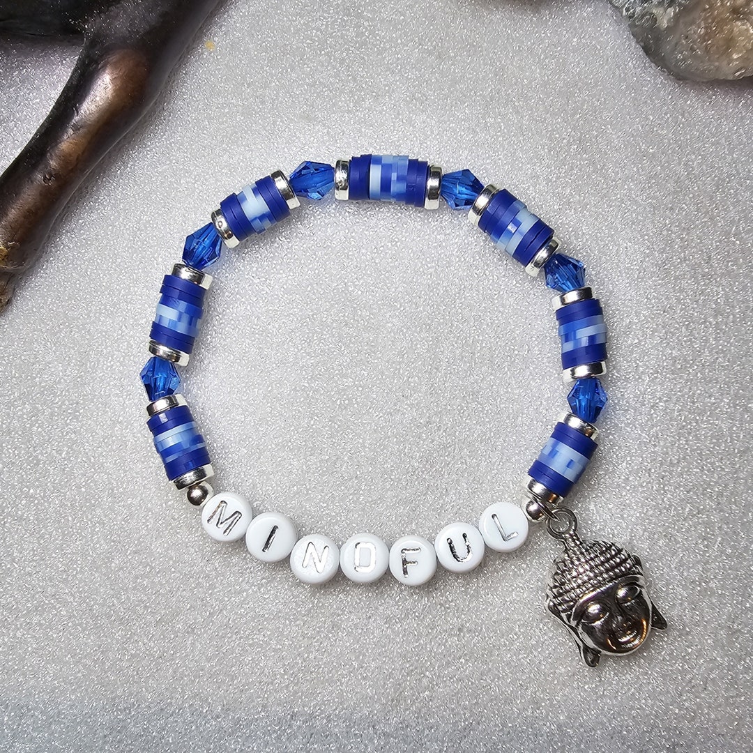 Mindful Silver Buddha Bracelet Beaded Word Bracelet for Women Handmade ...