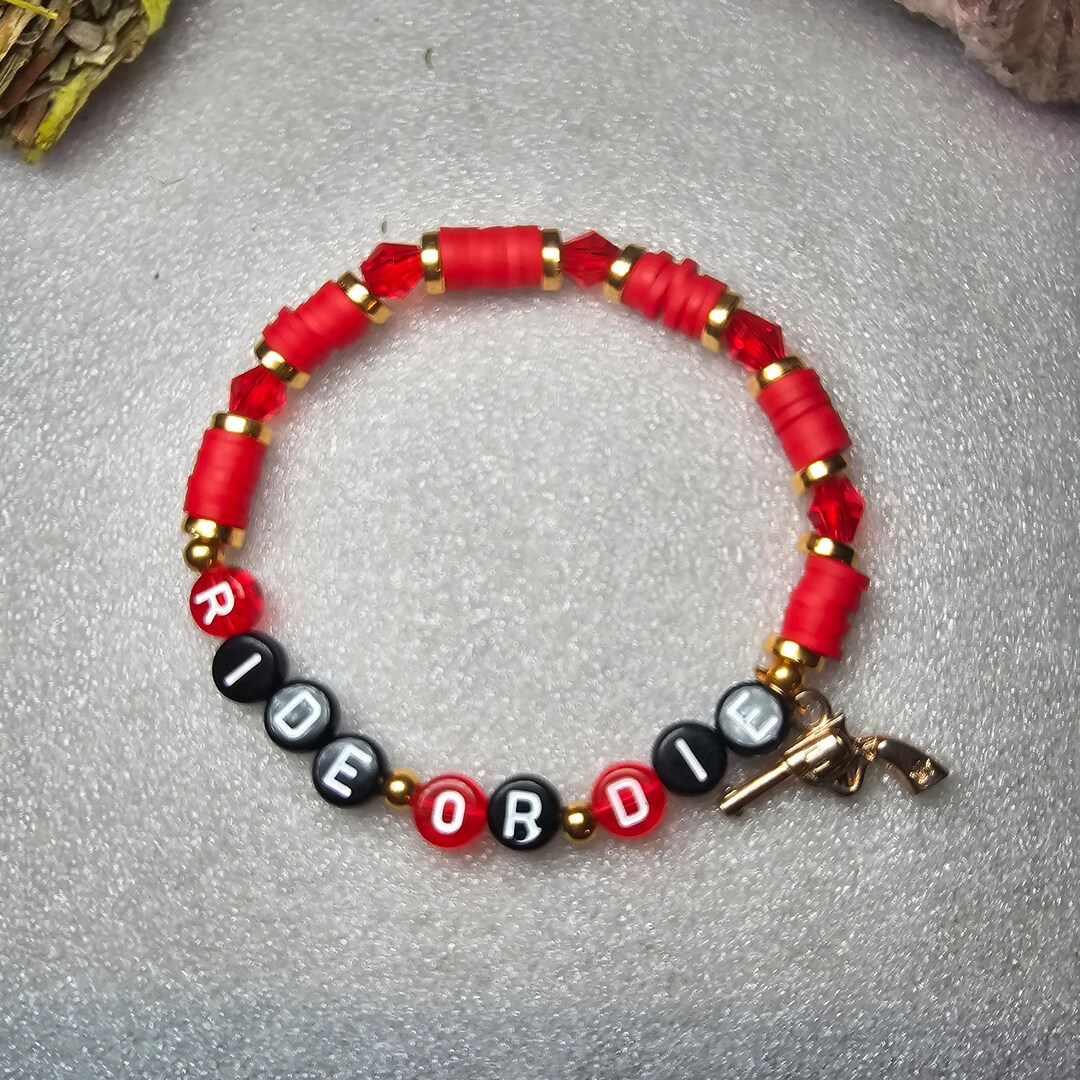 Ride or Die Gold Gun Beaded Word Bracelet for Women Handmade Heishi ...