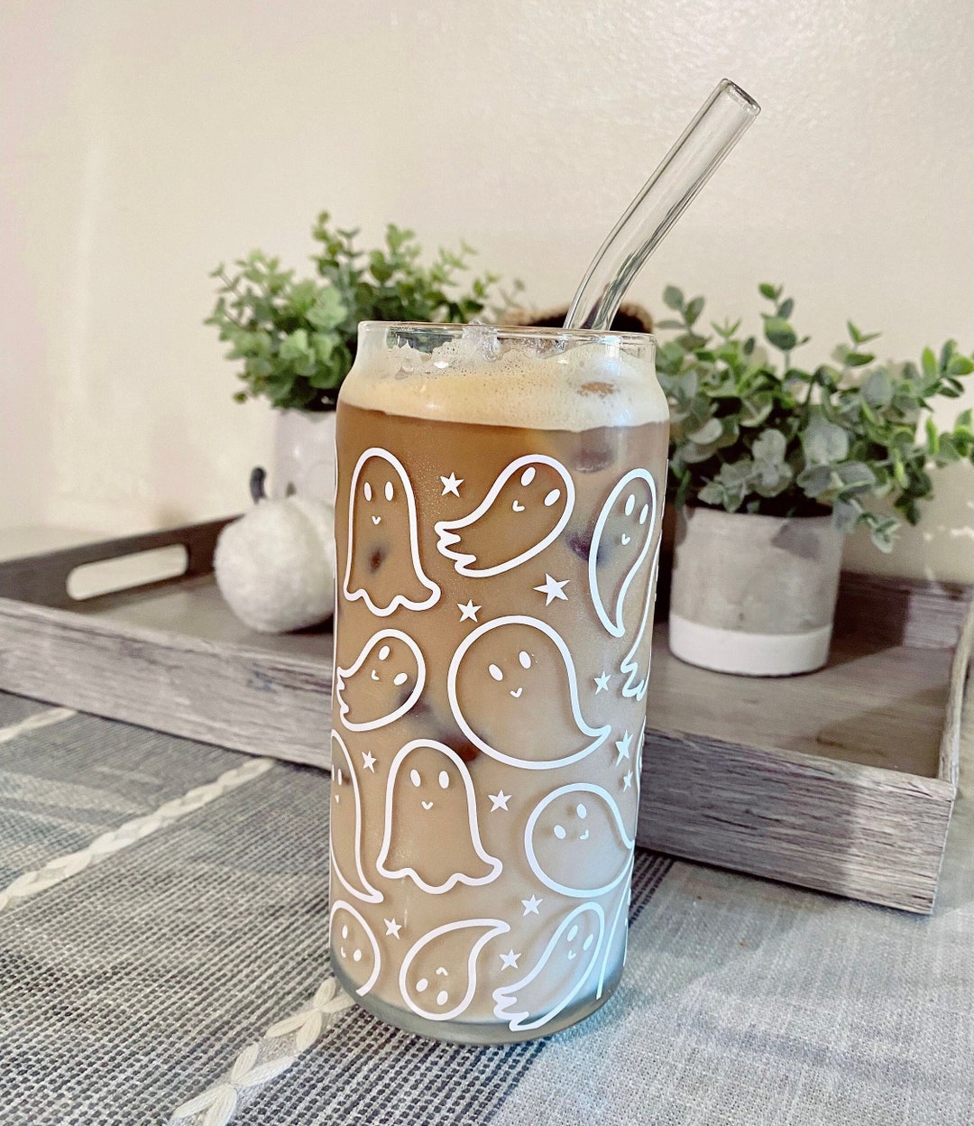Gleeful Ghosts Beer Can Glass, Halloween Iced Coffee Glass, 16oz 20oz ...