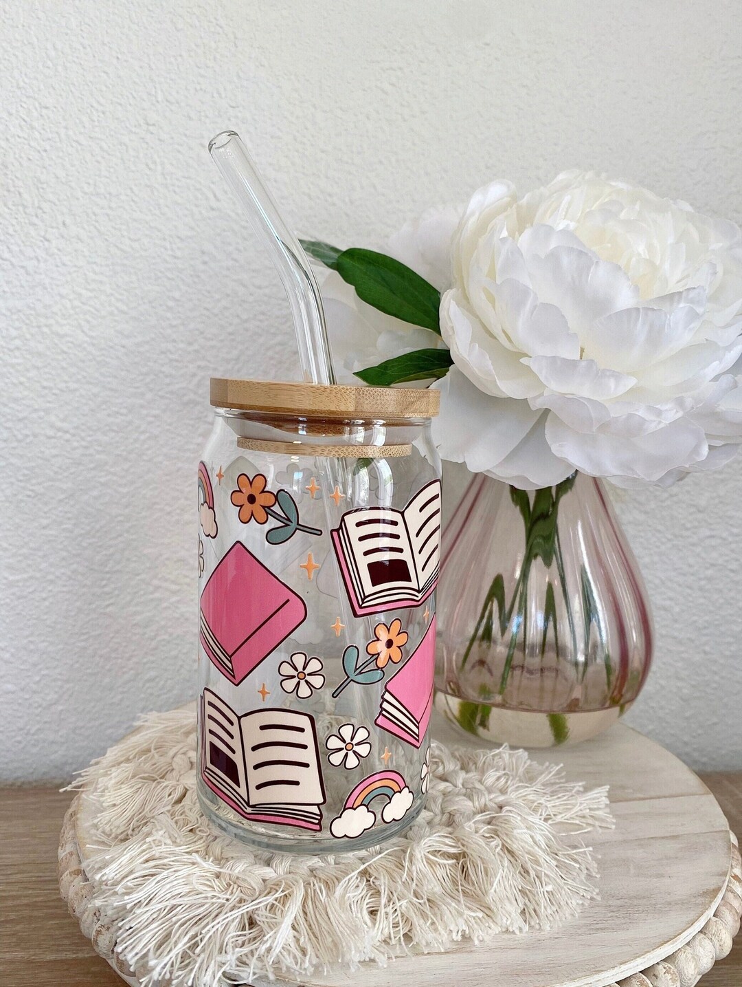 Cute Book Lovers Iced Coffee Glass, Pink Bookworm Beer Can Glass, Books ...