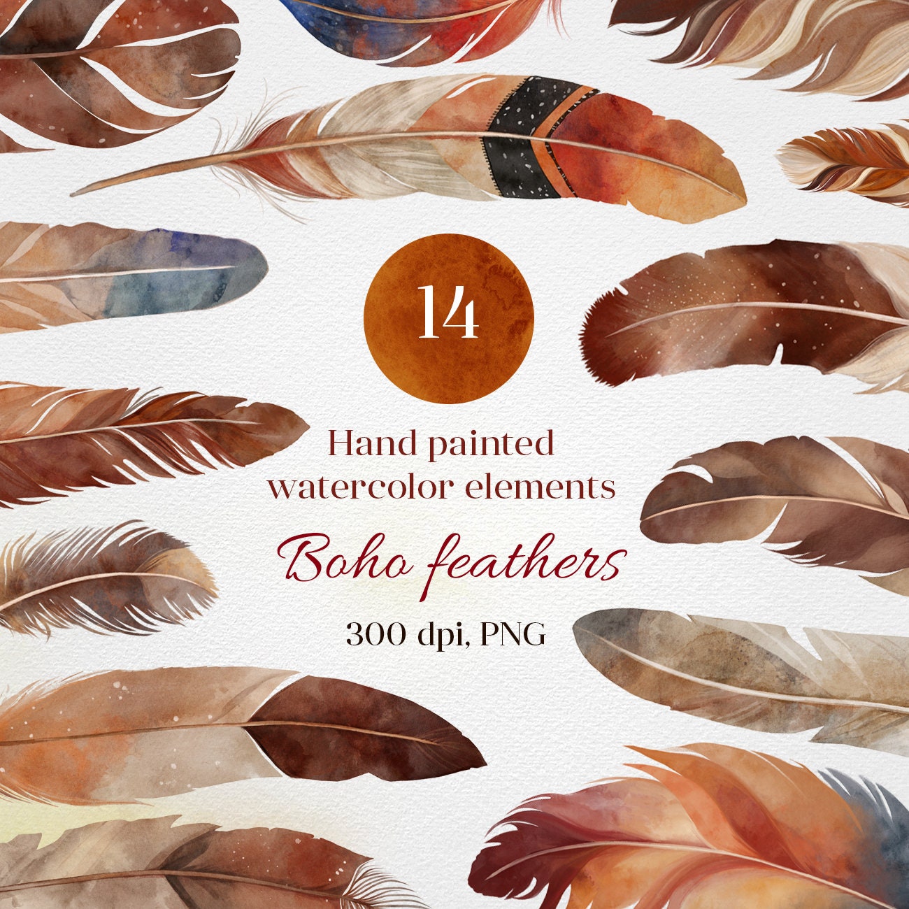Boho Feathers Watercolor Digital Clipart PNG Bundle, Watercolor ...