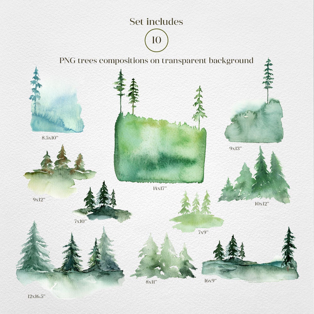 Watercolor Digital Forest and Woodland Pine Trees Clipart PNG - Etsy