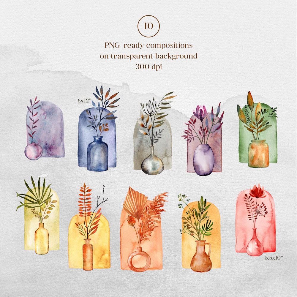 Watercolor Modern Boho Vases Digital Clipart PNG Bundle, Watercolor ...