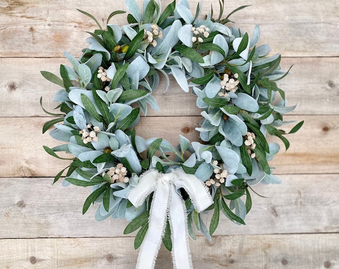 Lamb's Ear and Olive Leaf Wreath, Year Round Greenery Wreath for Front ...