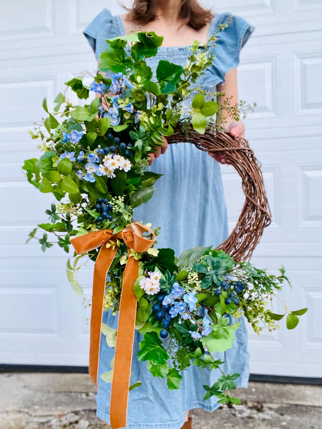 Blue Cottage Style Spring Wreath for Front Door, Spring Wildflower ...